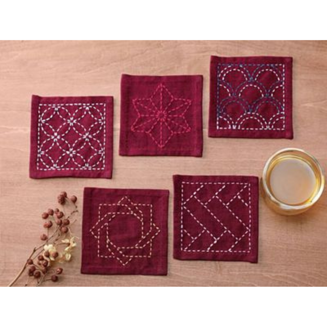 Sashiko Sampler - 5 Deep Red Tsu Coasters – Craft de Ville